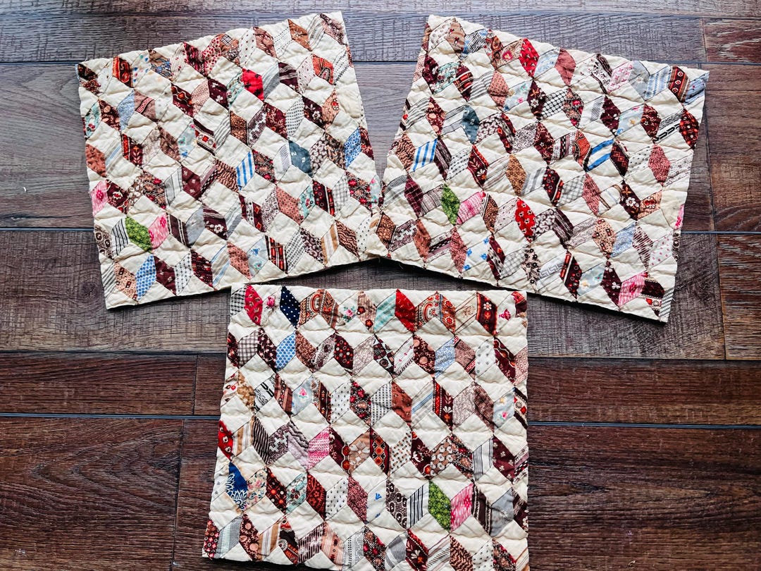 THREE 19th Century Antique Vintage Hand Quilted Patchwork Feedsack ...