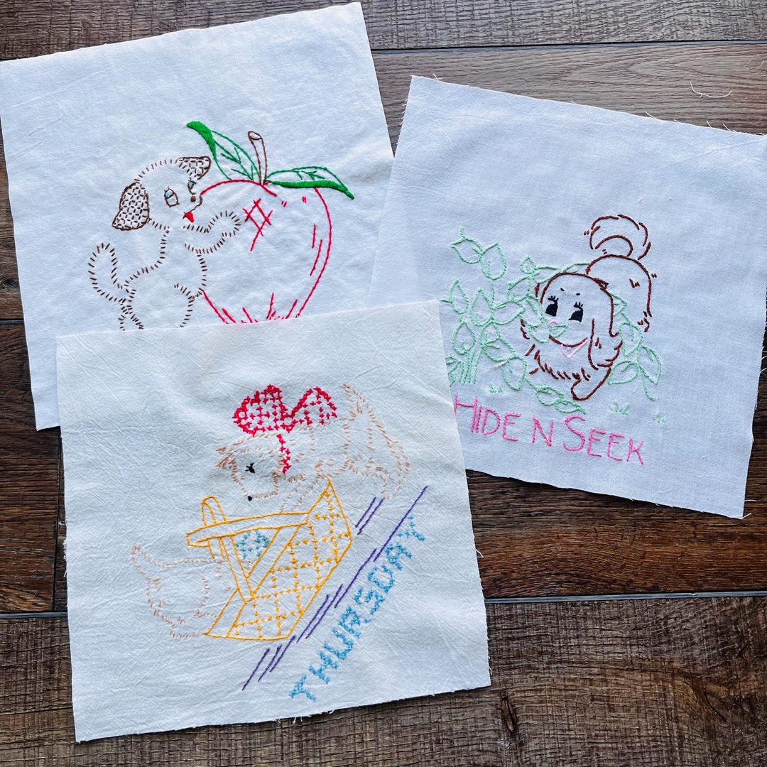 THREE Vintage Embroidered Quilt Blocks, Piece Hand Embroidery Quilting ...