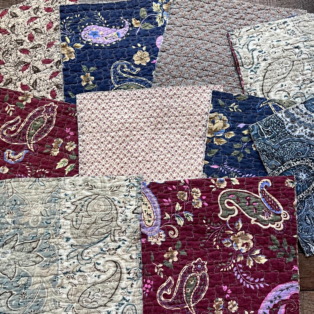 10 Vintage Floral Earth Tone Quilt Pieces, Quilted Fabric Remnants ...