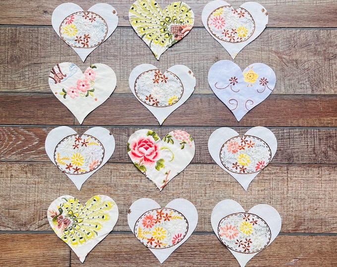 12 Vintage Linen Heart Appliques, Embroidered Fabric Patches, Shabby ...