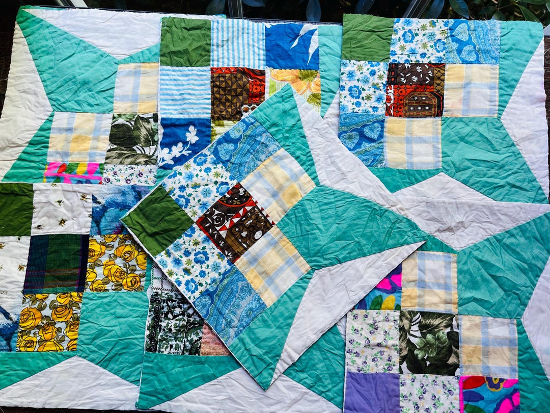 SEVEN Vintage Cutter Quilt Pieces, Hand Quilted Patchwork Quilt Squares ...