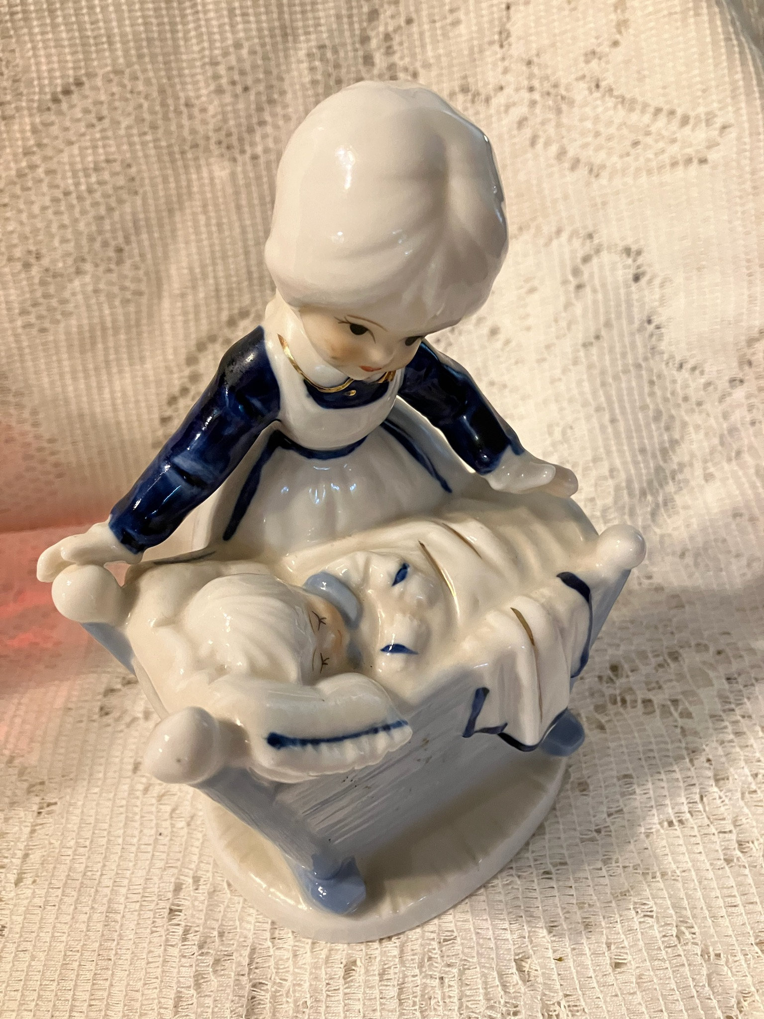 Vintage Dark Blue and Light Blue Porcelain Figurine of a Mother ...
