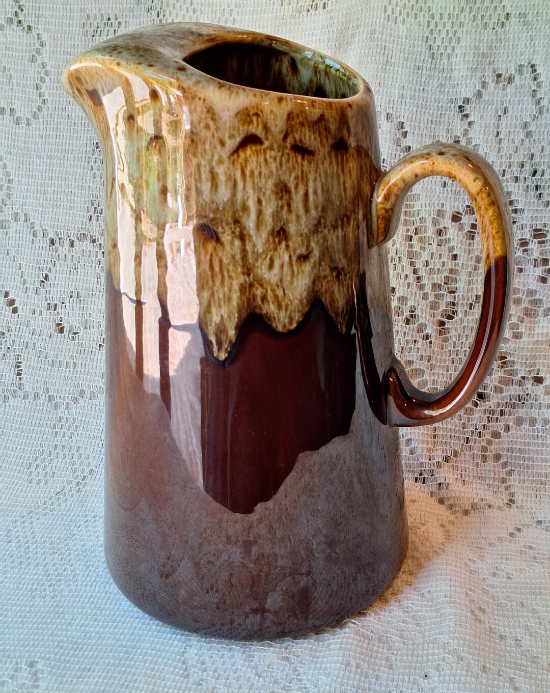 Vintage Ceramic, Ironstone, Pottery, Handmade Glazed Brown Drip Pitcher ...