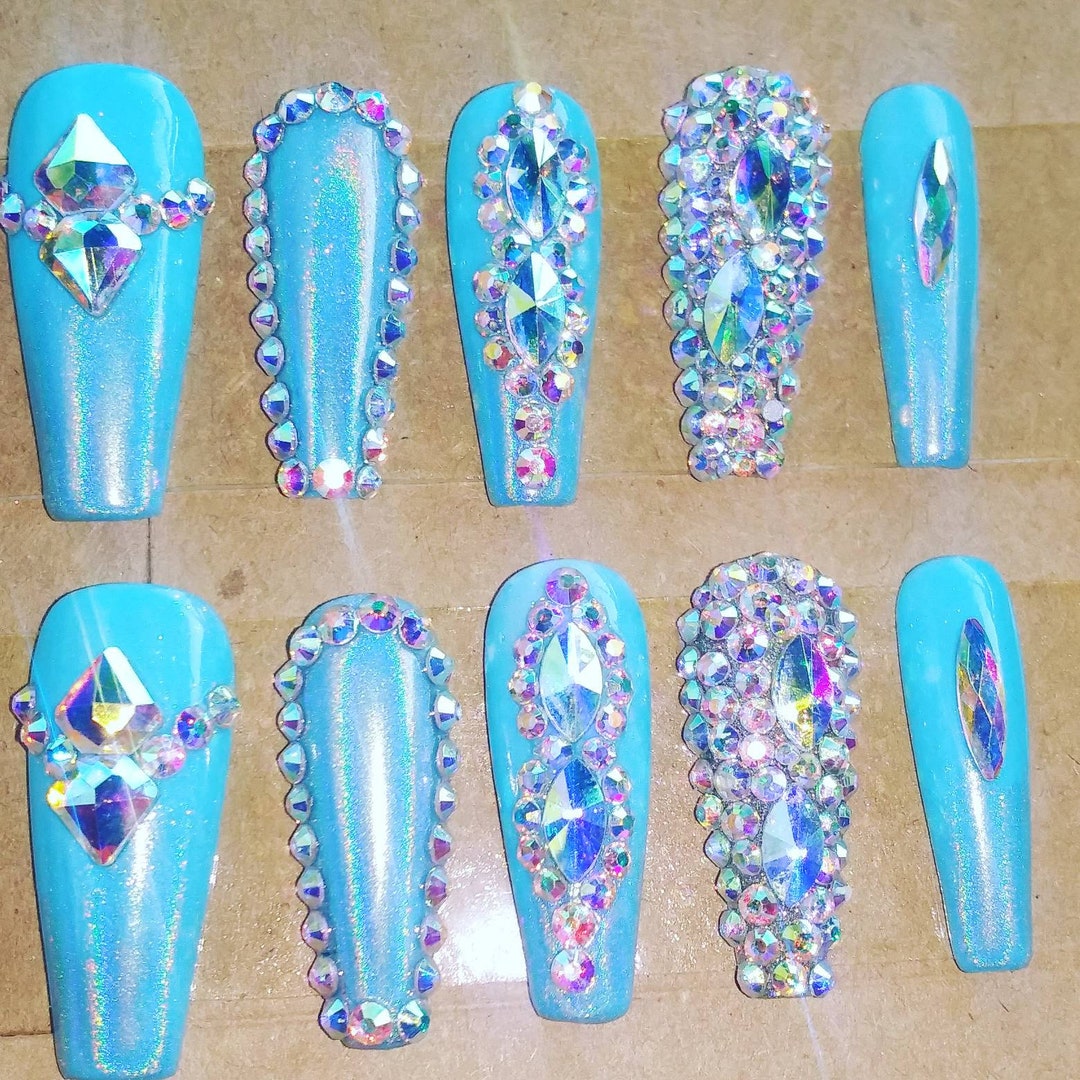 Super Blinged-out Out Baby Blue Nails With Holographic Tips - Diamond ...