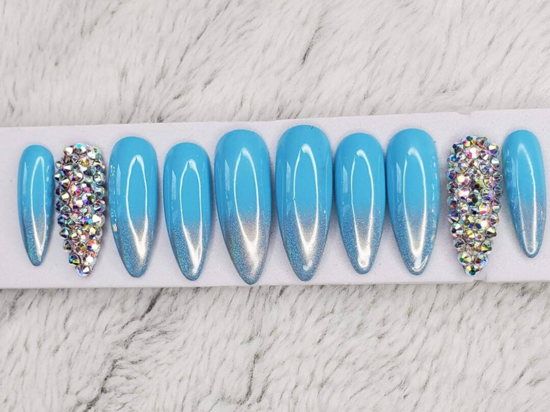 Baby Blue Bling Nails With Holographic Tips Press on Stiletto Nails Any ...