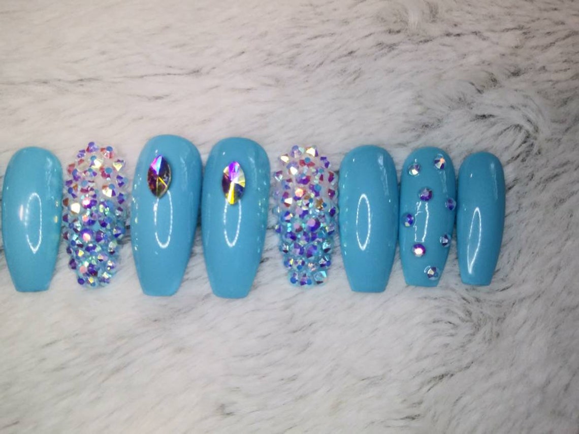 Baby Blue Bling Nails With Iridescent Crystals Ombre Coffin | Etsy