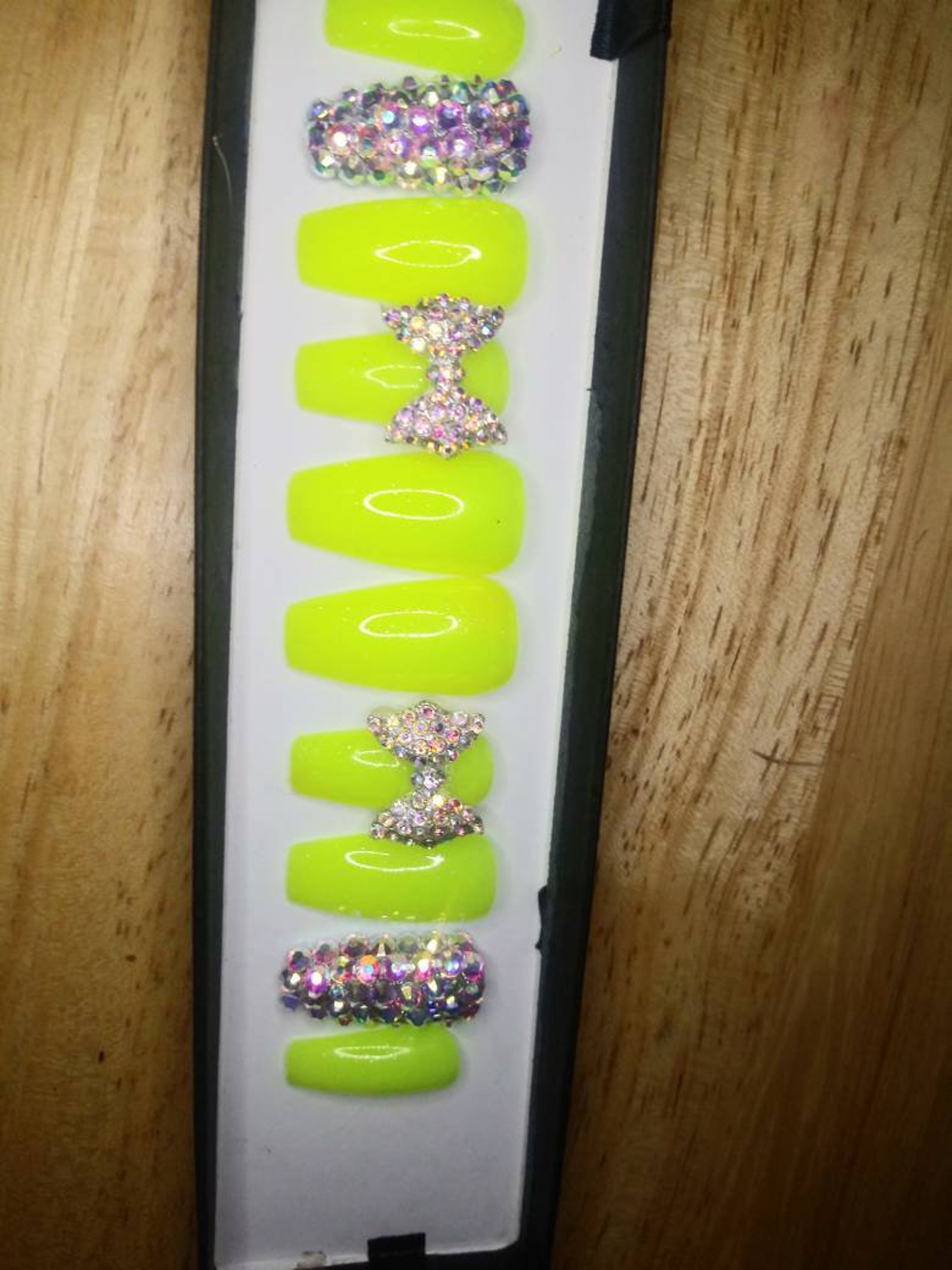 Neon Yellow Bling Nails With Bling Crystal Bow / Coffin Diamond Press ...