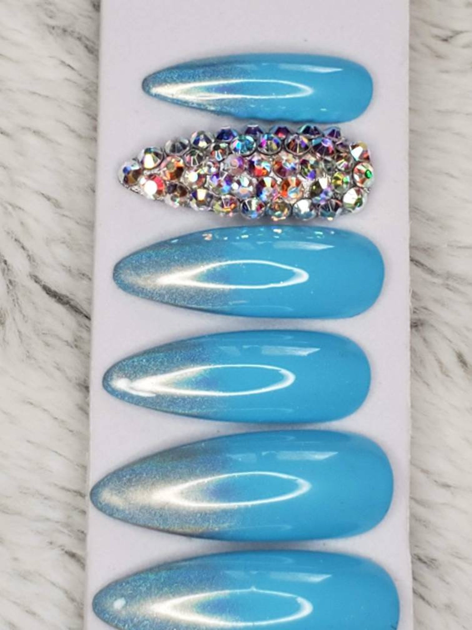 Baby Blue Bling Nails With Holographic Tips Press on Stiletto | Etsy