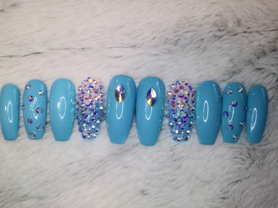Baby Blue Bling Nails With Iridescent Crystals - Ombre Coffin Press on ...