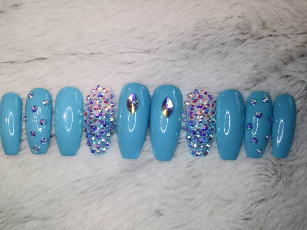 Baby Blue Bling Nails With Iridescent Crystals Ombre Coffin - Etsy