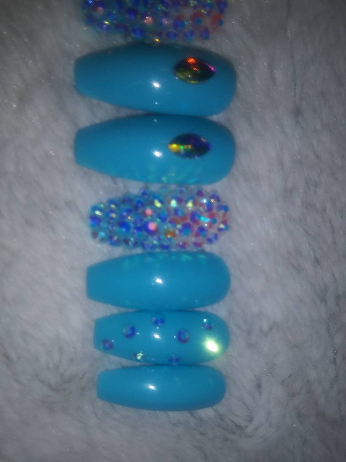 Baby Blue Bling Nails With Iridescent Crystals Ombre Coffin | Etsy