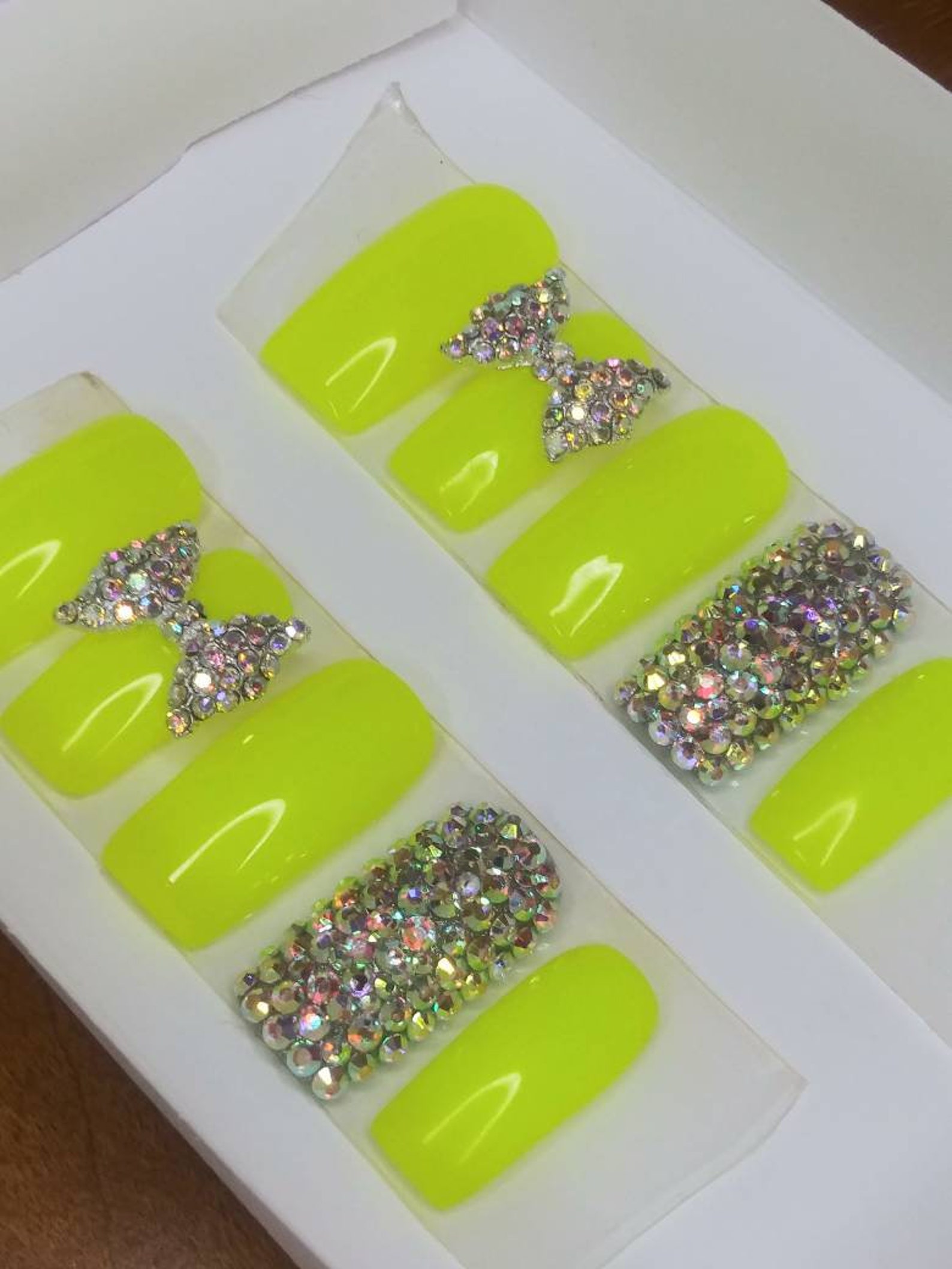 Neon Yellow Bling Nails With Bling Crystal Bow / Coffin Diamond Press ...