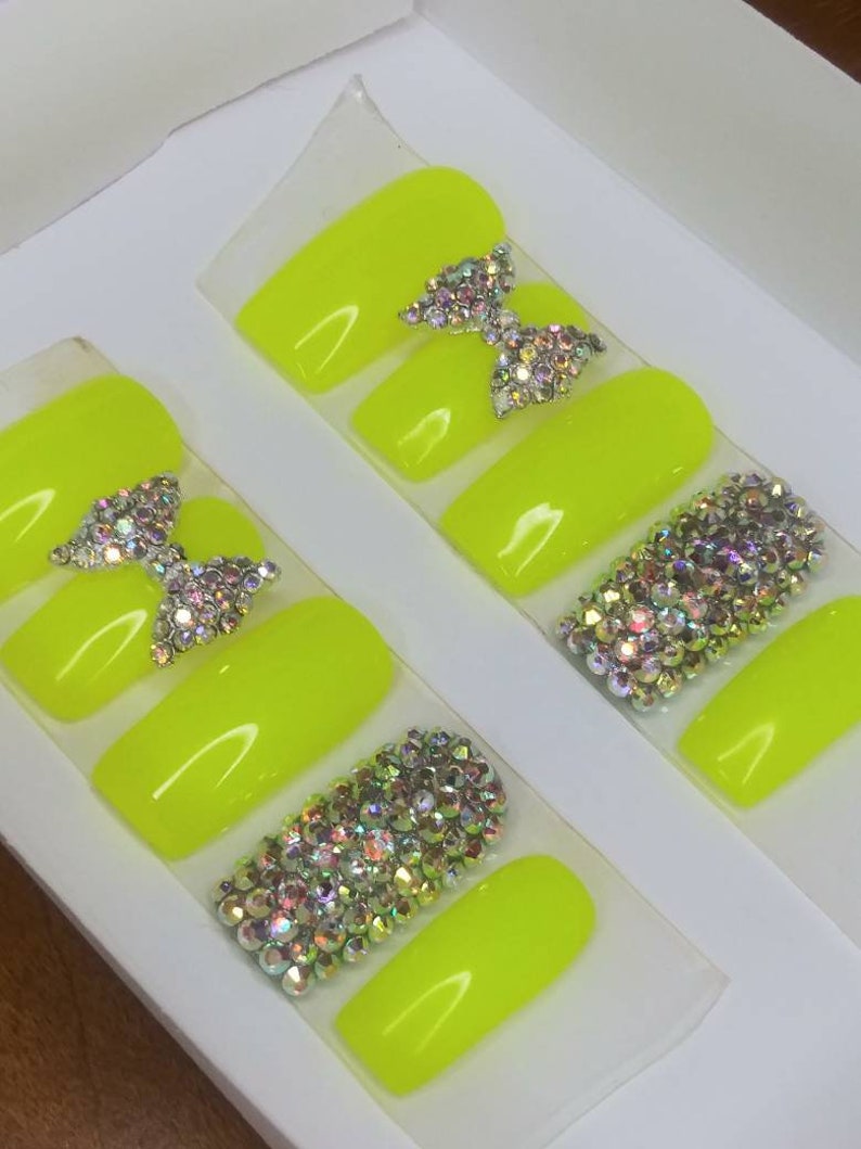 Neon yellow bling nails with bling crystal bow / FREE SHIPPING | Etsy