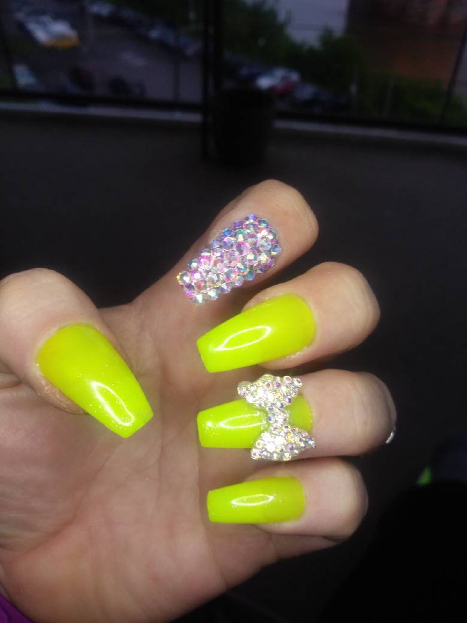 Neon Yellow Bling Nails With Bling Crystal Bow / Coffin Diamond Press ...