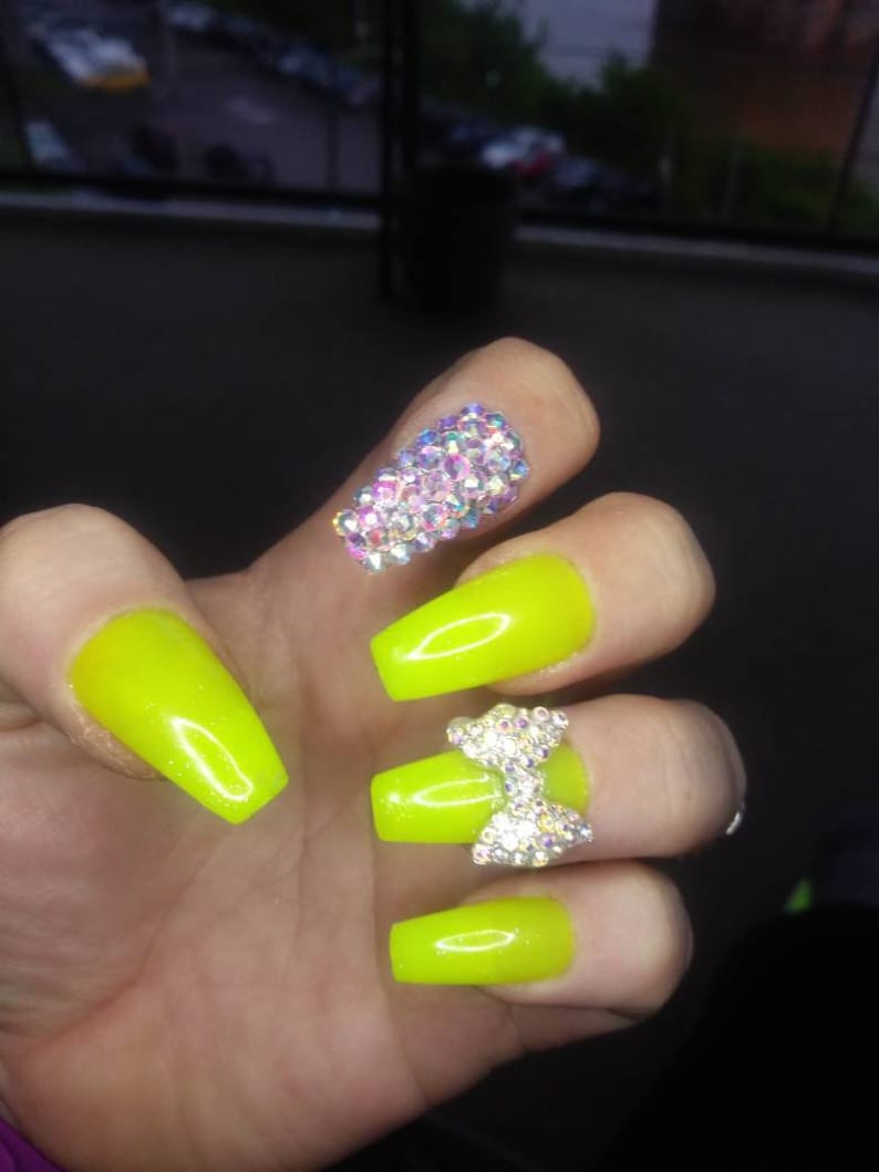Neon Yellow Bling Nails With Bling Crystal Bow / Coffin - Etsy