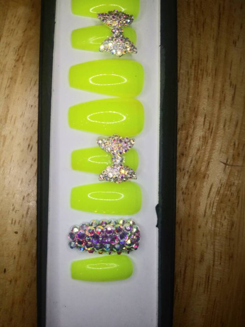 Neon Yellow Bling Nails With Bling Crystal Bow / Coffin Diamond Press ...