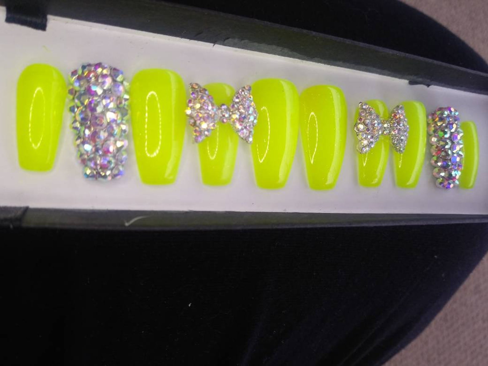 Neon Yellow Bling Nails With Bling Crystal Bow / Coffin Diamond Press ...