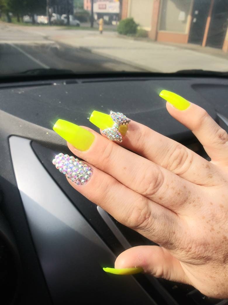 Neon Yellow Bling Nails With Bling Crystal Bow / FREE SHIPPING | Etsy
