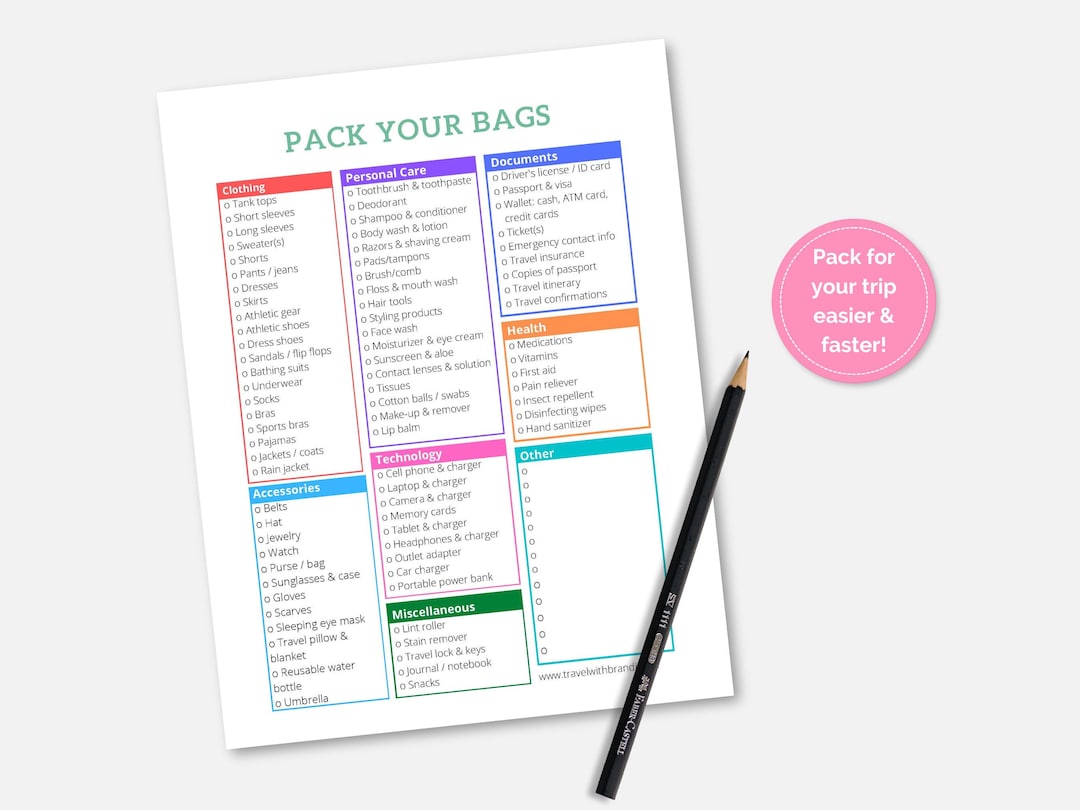 Colorful Printable Packing List, Travel Packing Checklist, Vacation ...