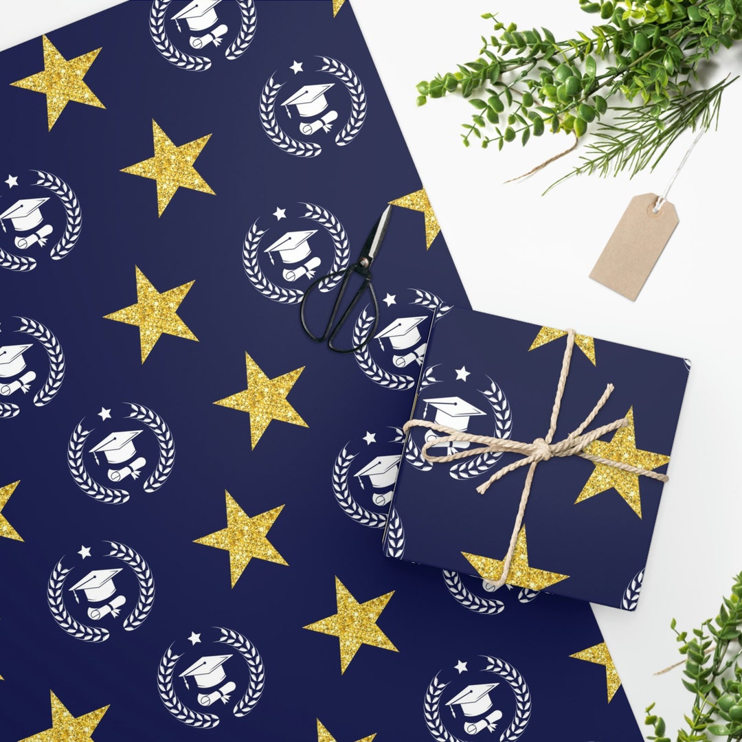 Blue and Gold Star Graduation Hat Wrapping Paper, Graduation Gift Wrap ...