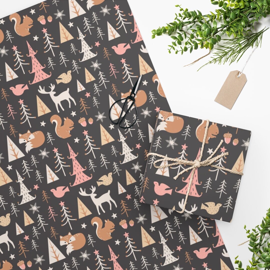 Woodland Creature Christmas Wrapping Paper, Pastel Holiday Gift Wrap ...