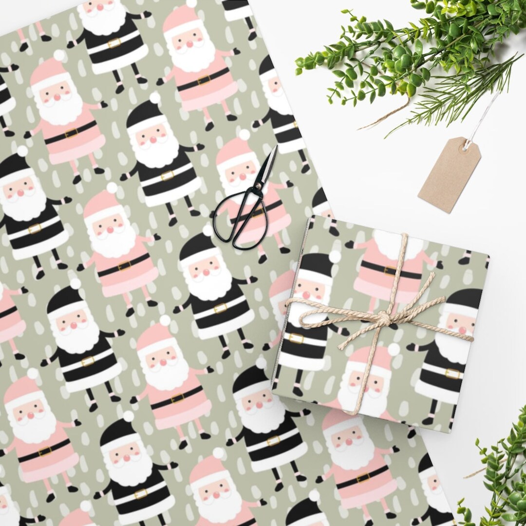 Santa Wrapping Paper Cute Pink and Black Santa Claus Gift Wrap, Green ...