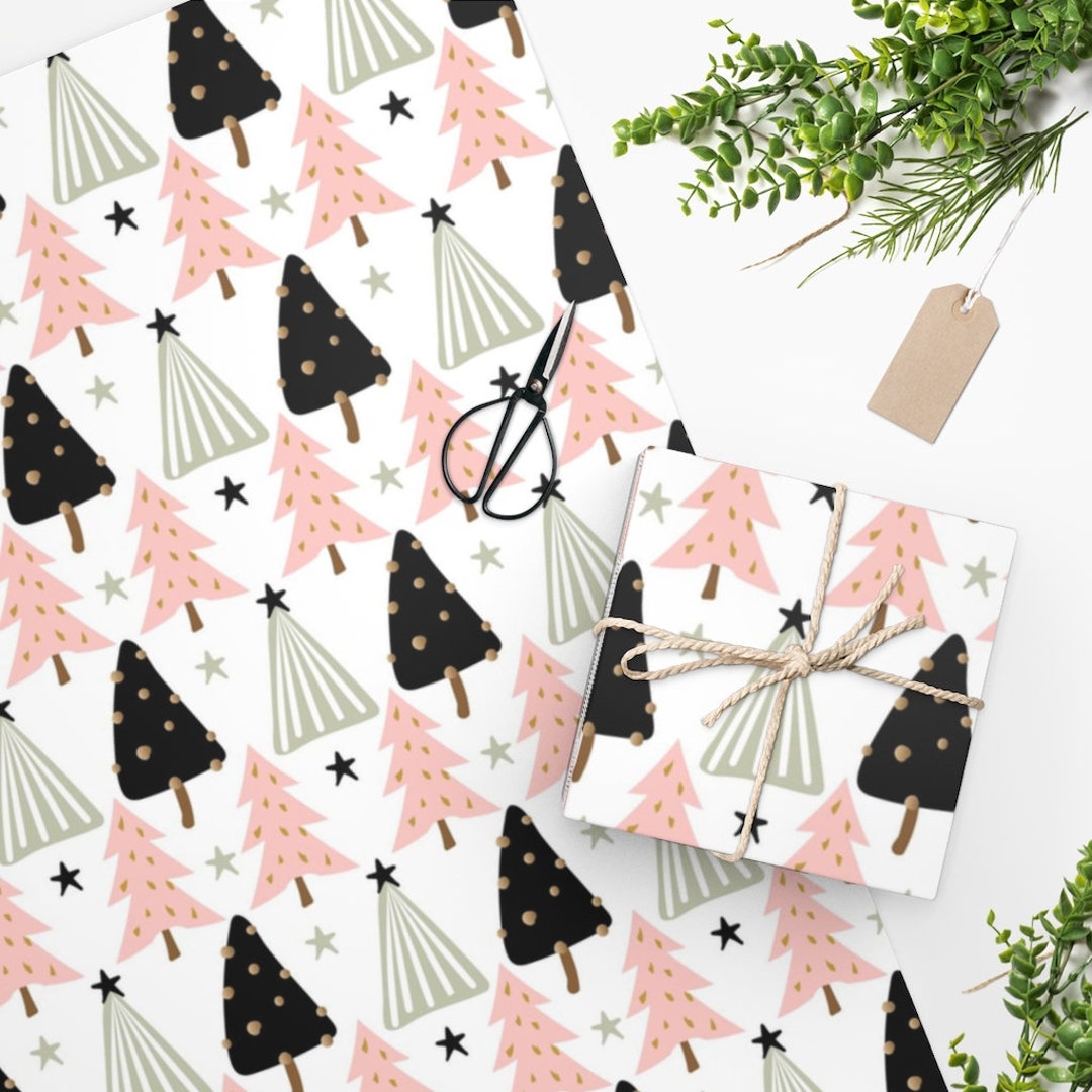 Christmas Tree Wrapping Paper, Pastel Pink, Green and Black Trees With ...