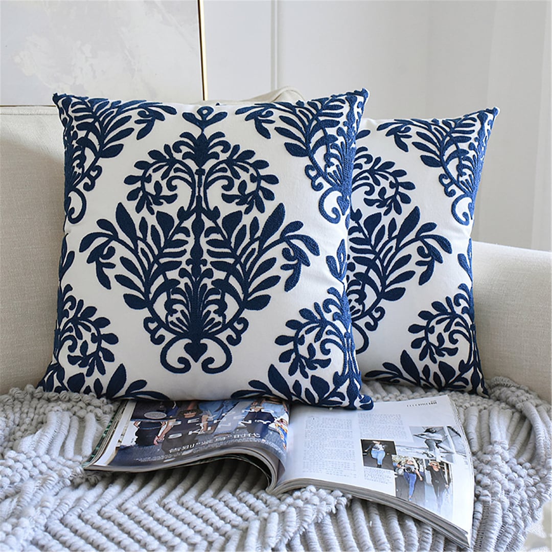 Set of 2 Navy Blue Flower Embroidery Pillow Covers, 18x18inch, Throw ...
