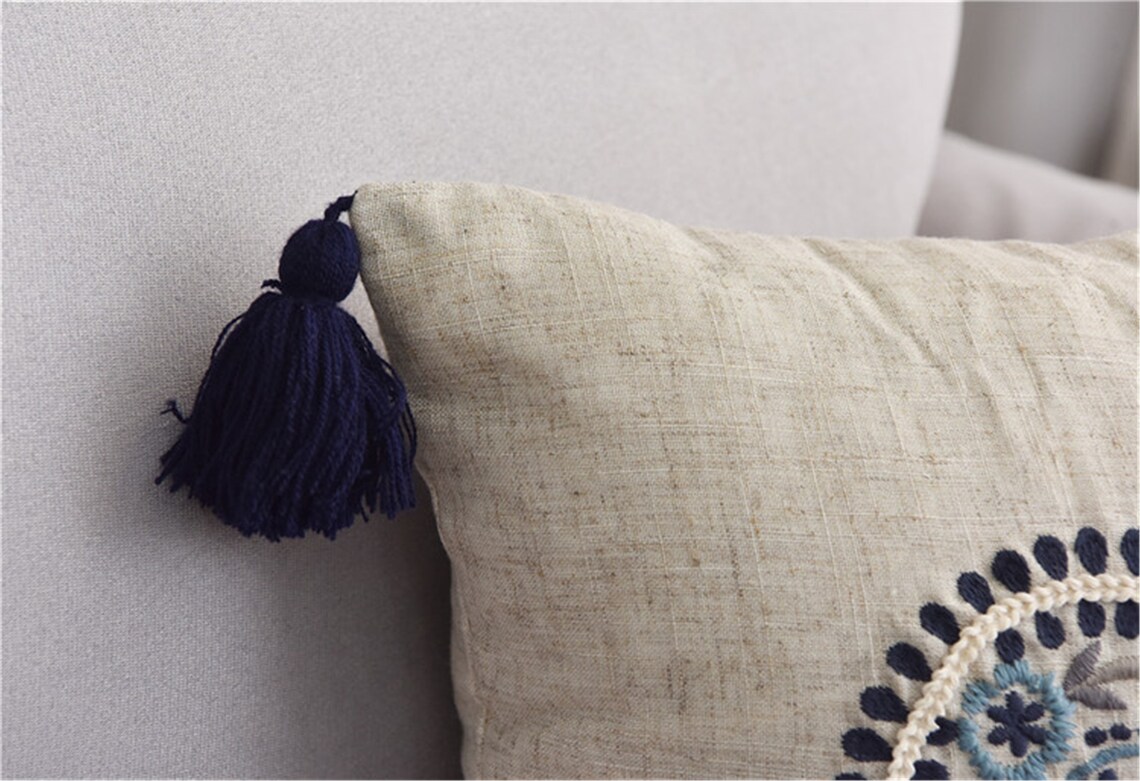 Navy Blue Embroidery Pillow Cover 18 X 18 W/tassel Throw | Etsy