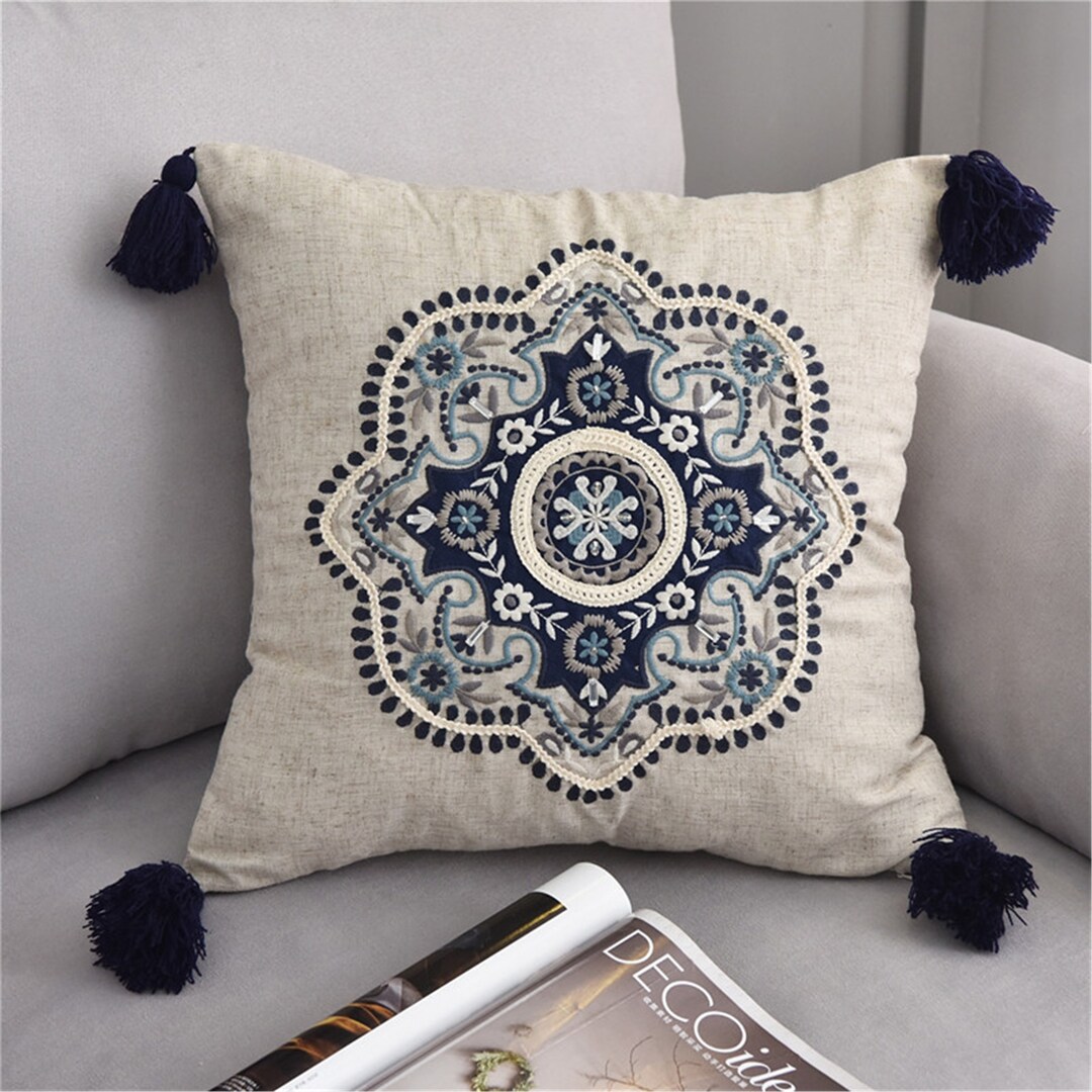 Navy Blue Embroidery Pillow Cover 18 X 18, W/tassel Throw Pillow Cases ...
