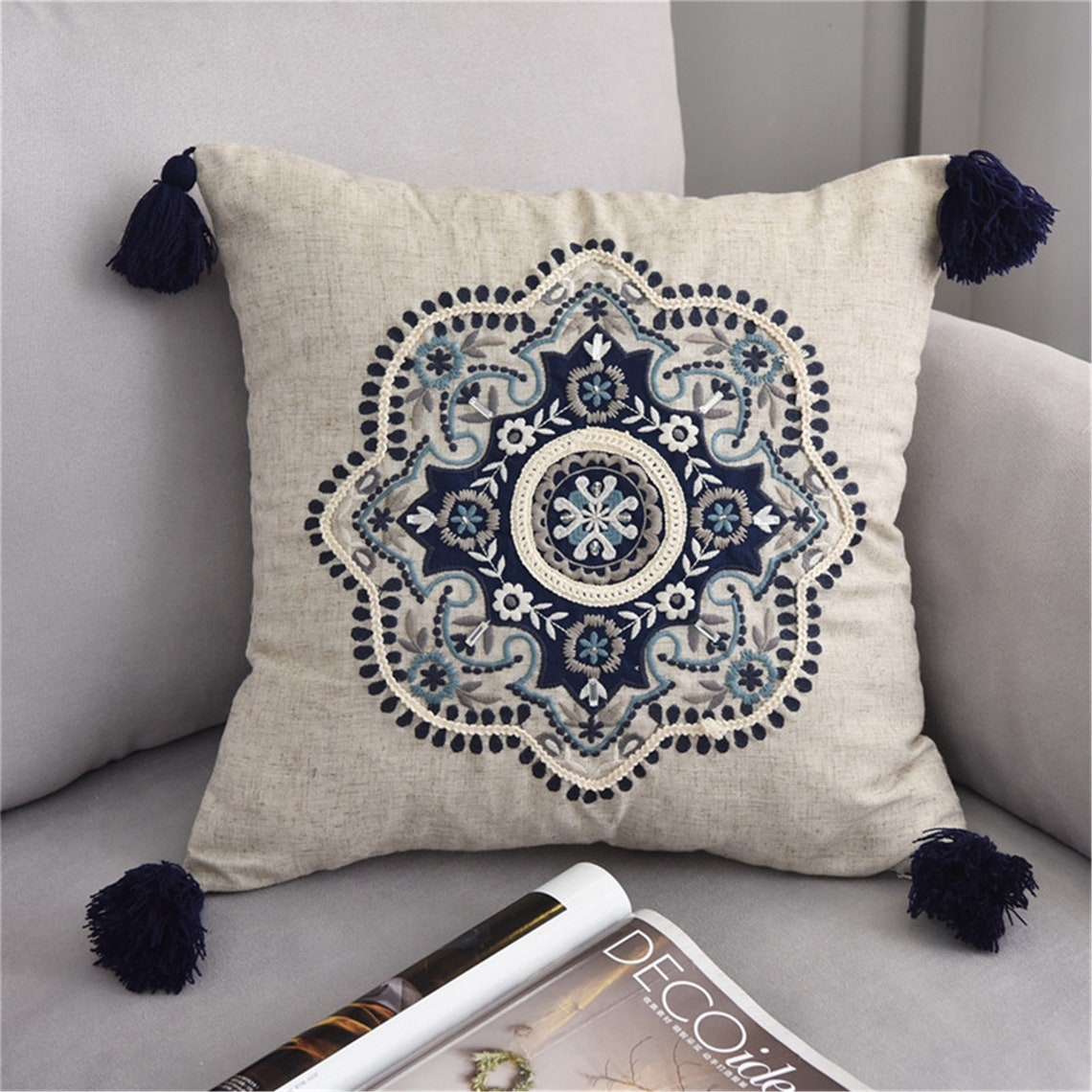Navy Blue Embroidery Pillow Cover 18 X 18 W/tassel Throw - Etsy