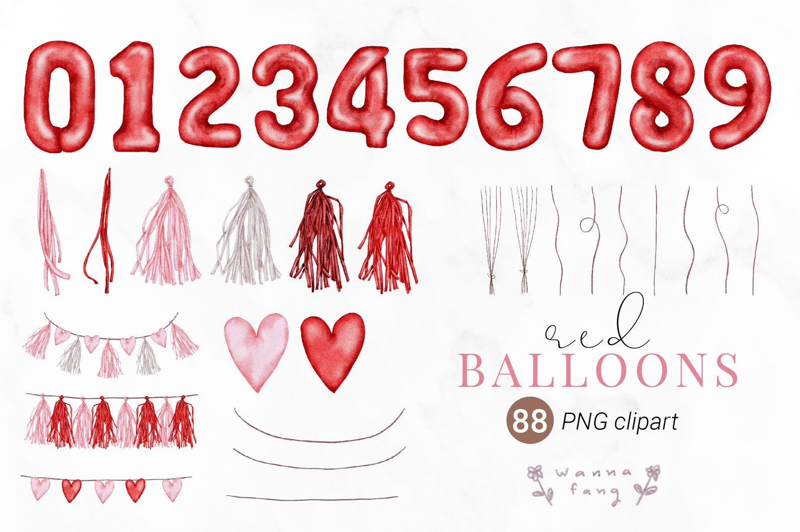 Watercolor Valentine Balloons Clipart, Red Balloons, Party, Instant ...