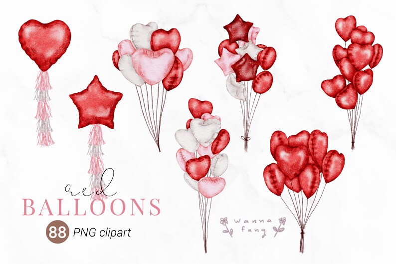 Watercolor Valentine Balloons Clipart, Red Balloons, Party, Instant ...