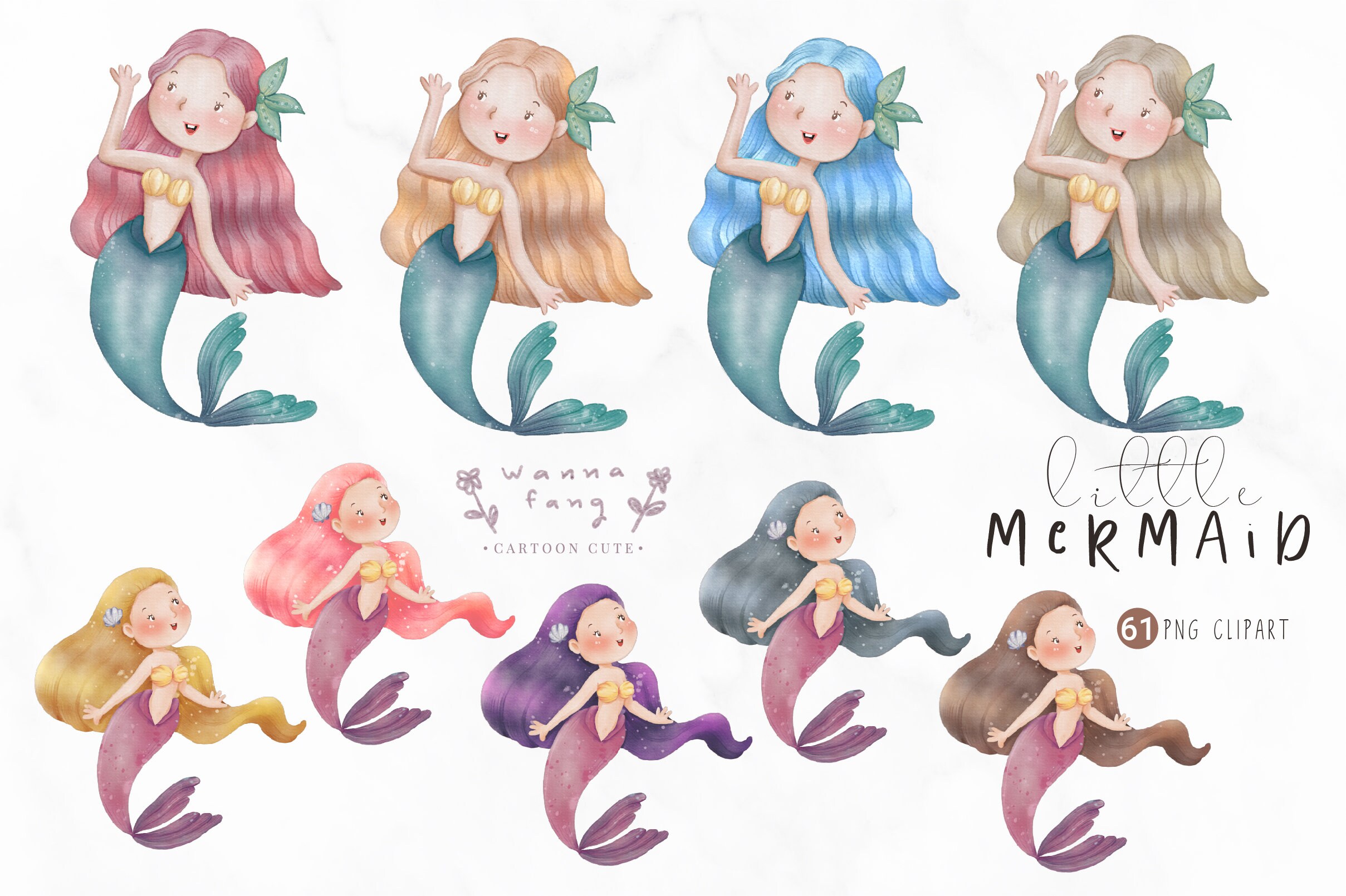 Watercolor Cute Mermaid Clipart, Little Mermaid, Girl, Fairy Tale ...