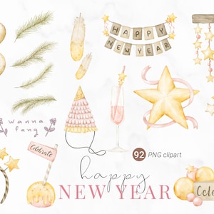Watercolor Happy New Year Clipart: Christmas Ornaments (PNG, Instant ...