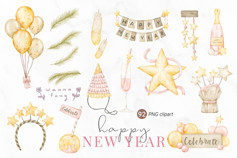 Watercolor Happy New Year Clipart: Christmas Ornaments (PNG, Instant ...