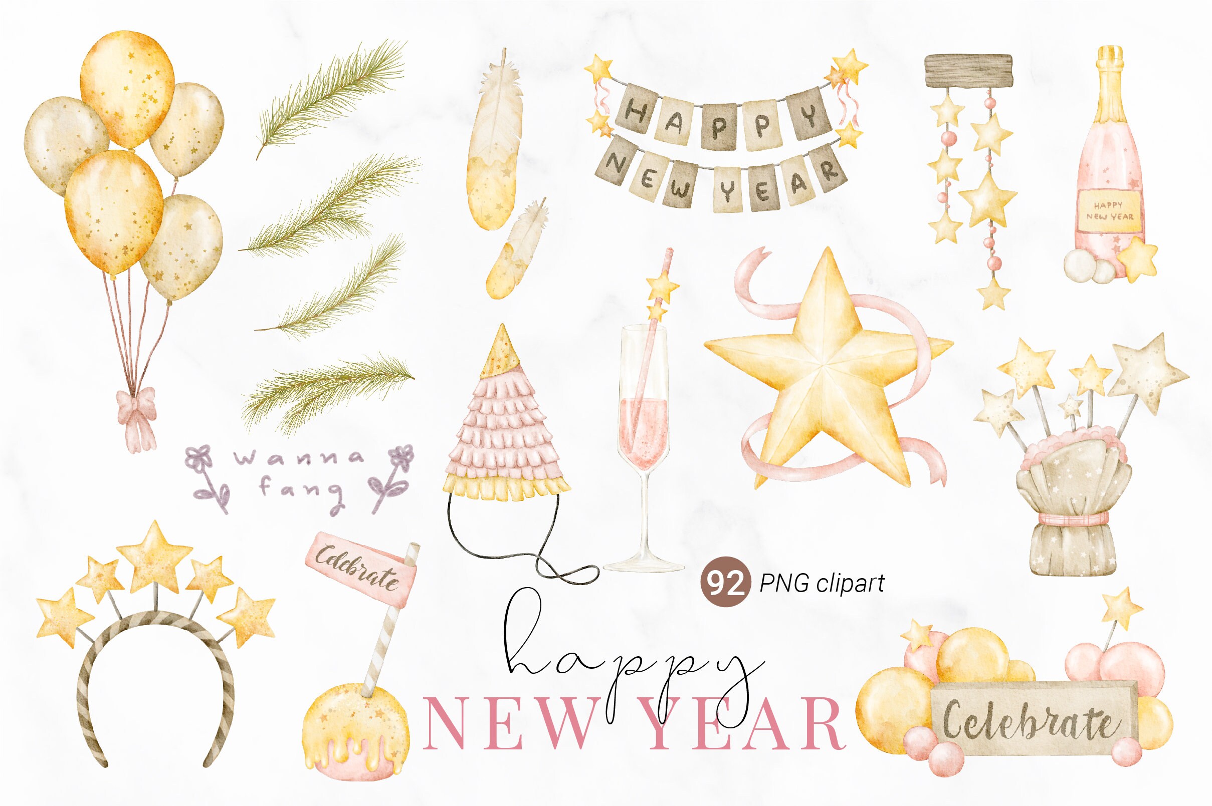 Watercolor Happy New Year Clipart: Christmas Ornaments (PNG, Instant ...