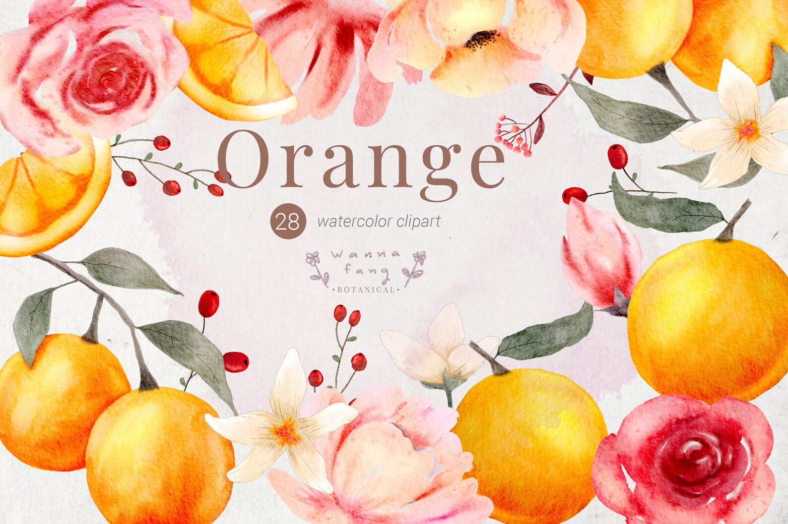 Orange Flower Watercolor Clipart, Fruit Watercolor Clipart, Instant ...