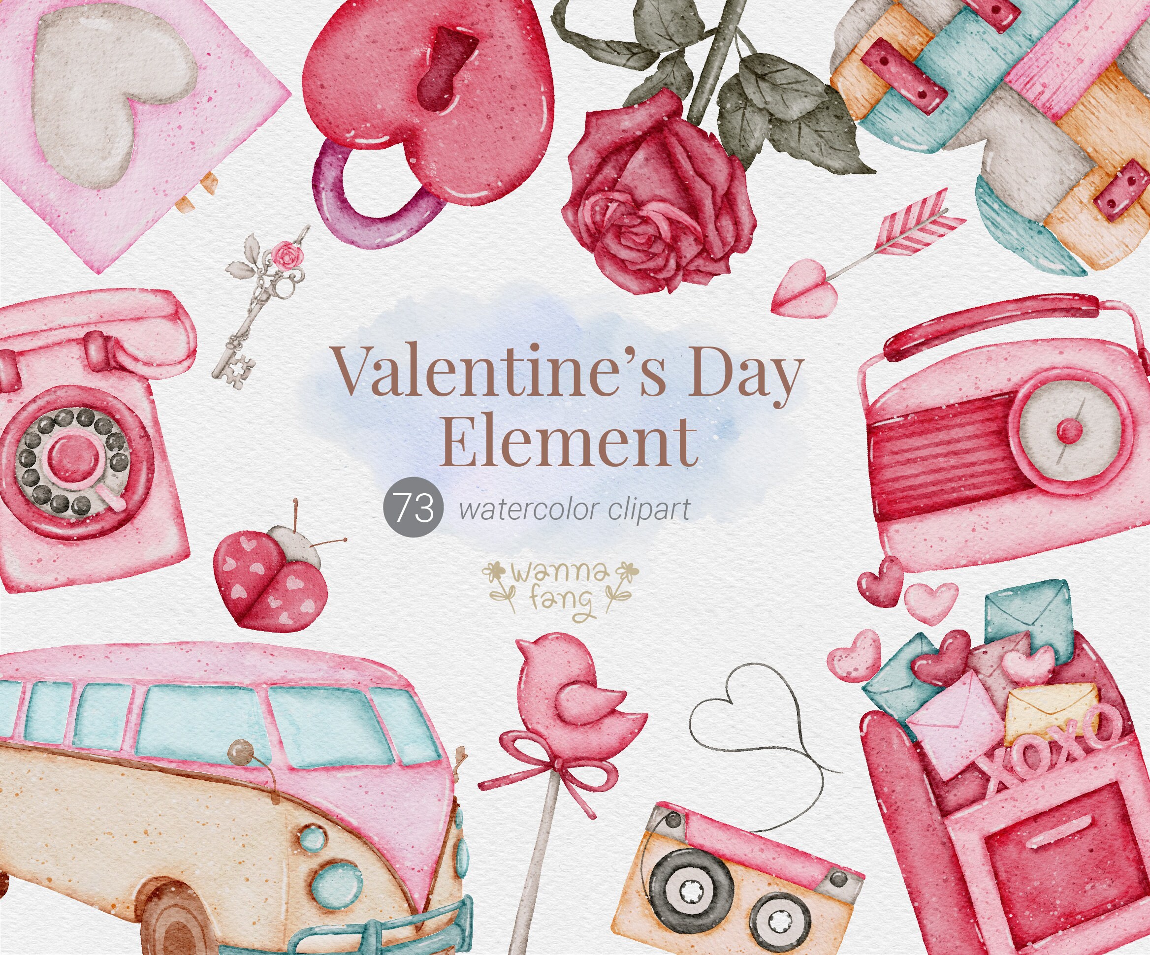 Big Set Valentine's Day Watercolor Clipart, Valentine's Day Element ...