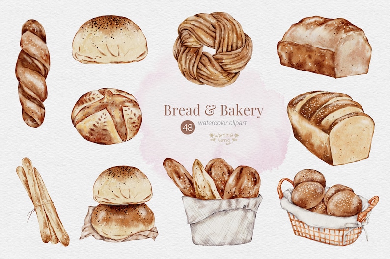Bread and Bakery Watercolor Clipart, Bake, Donut, Cookie, Instant ...