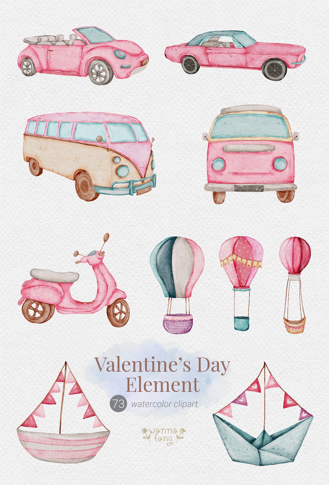 Big Set Valentine's Day Watercolor Clipart, Valentine's Day Element ...