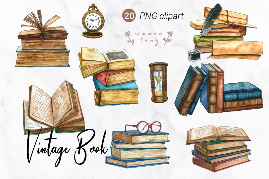 Watercolor Vintage Books Clipart, Book Lover, Book Reading, Teacher ...