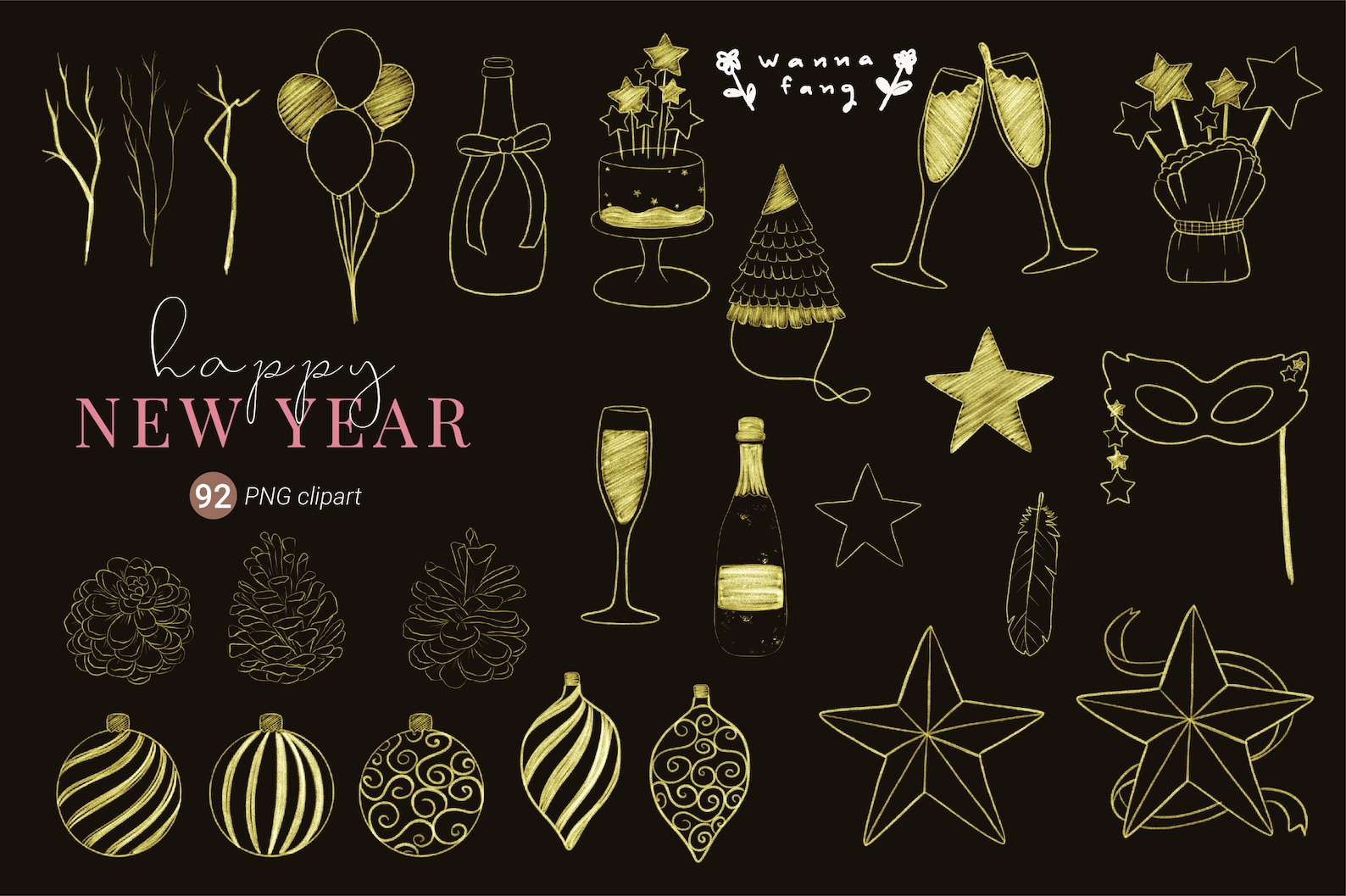 Watercolor Happy New Year Clipart: Christmas Ornaments (PNG, Instant ...