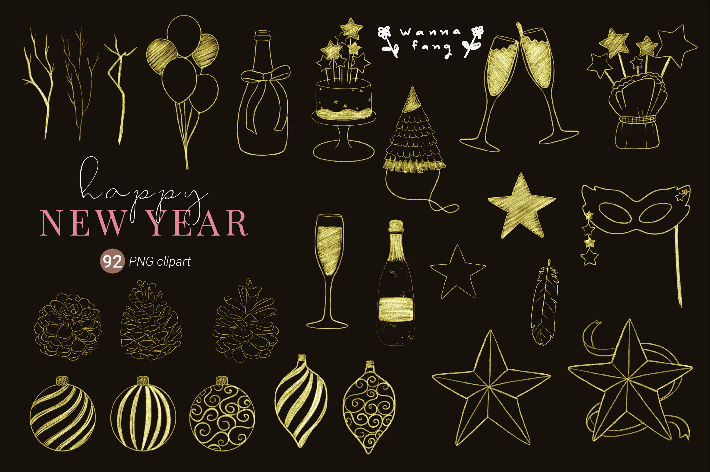 Watercolor Happy New Year Clipart: Christmas Ornaments (PNG, Instant ...