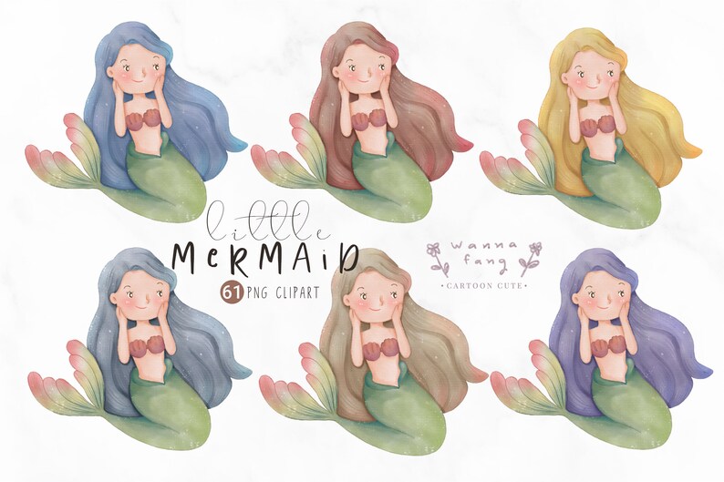 Watercolor Cute Mermaid Clipart, Little Mermaid, Girl, Fairy Tale ...