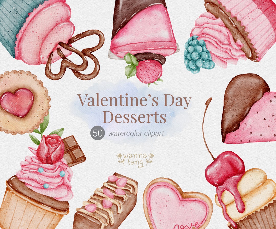 Valentine's Day Dessert Watercolor Clipart: 50 PNG Elements (digital ...