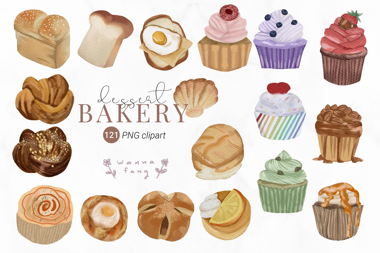 Watercolor Bread and Bakery Clipart, Cake, Cupcake, Breads, Donut ...