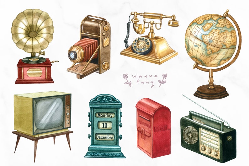 Watercolor Vintage Clipart, Vintage Elements, Vintage Items, Old Book ...