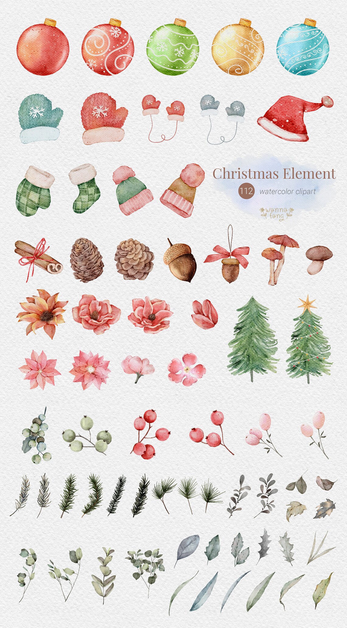 Christmas Watercolor Clipart Bundle, Christmas Element Clipart ...