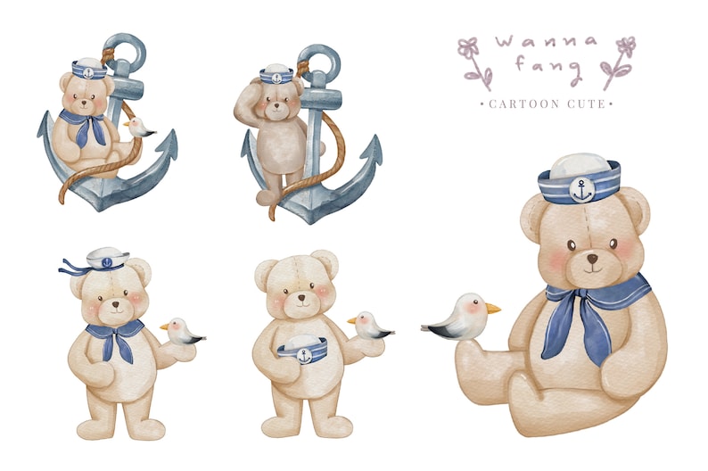 Nautical Teddy Bear Clipart: Sailor Animals, Baby Boy Nursery (PNG ...